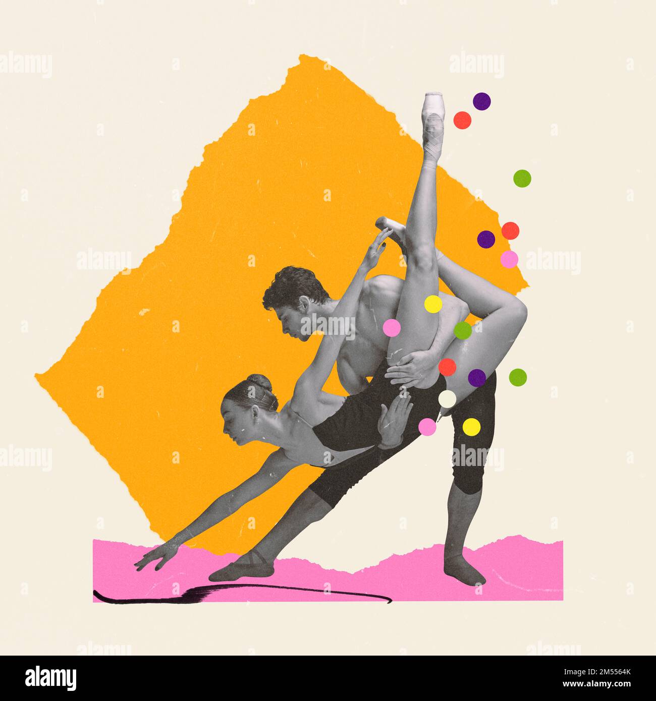 Creative art collage. Artistic young man and woman, ballet dancers ...