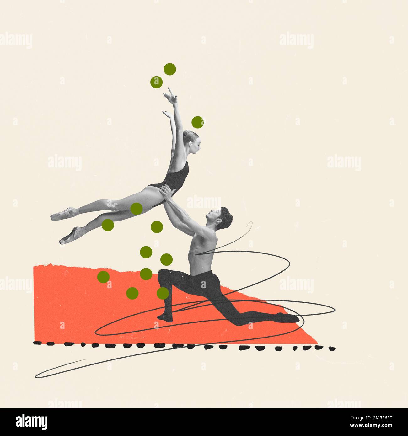 Creative art collage. Graceful dance. Man and woman, ballet dancers ...