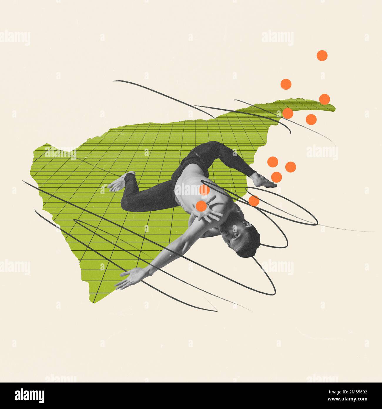 Creative art collage. Flexibility. Young man, ballet dancer performing ...