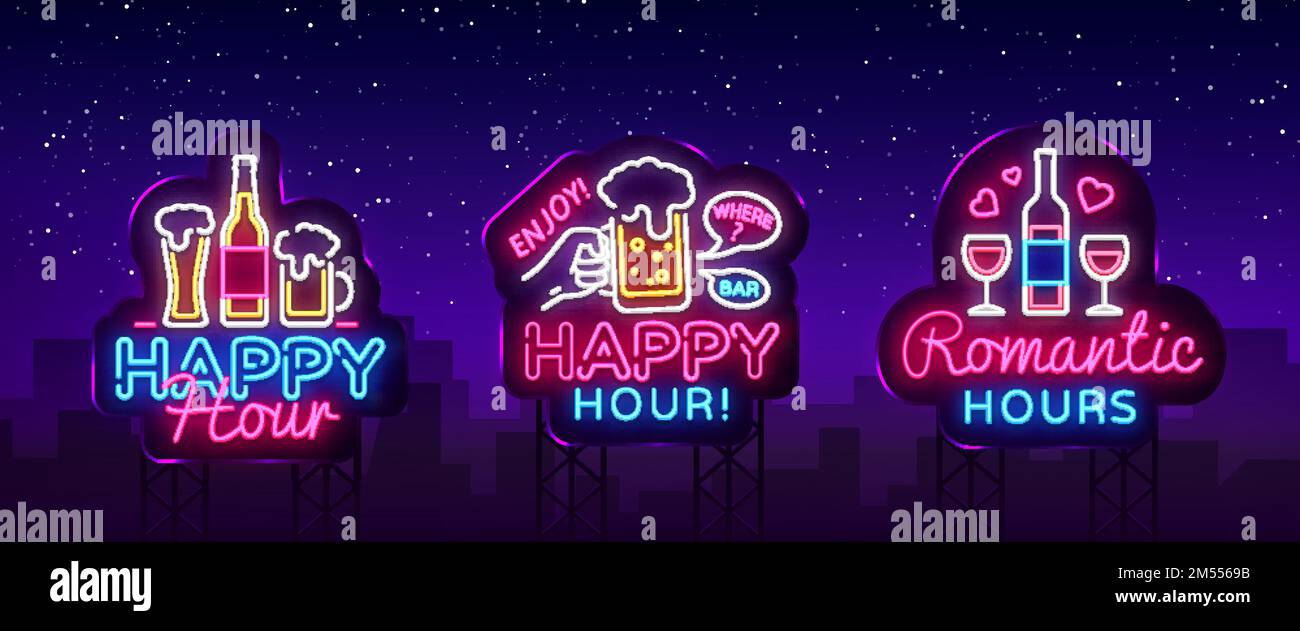 Happy Hour neon sign collection vector. Happy Hour Design template neon ...