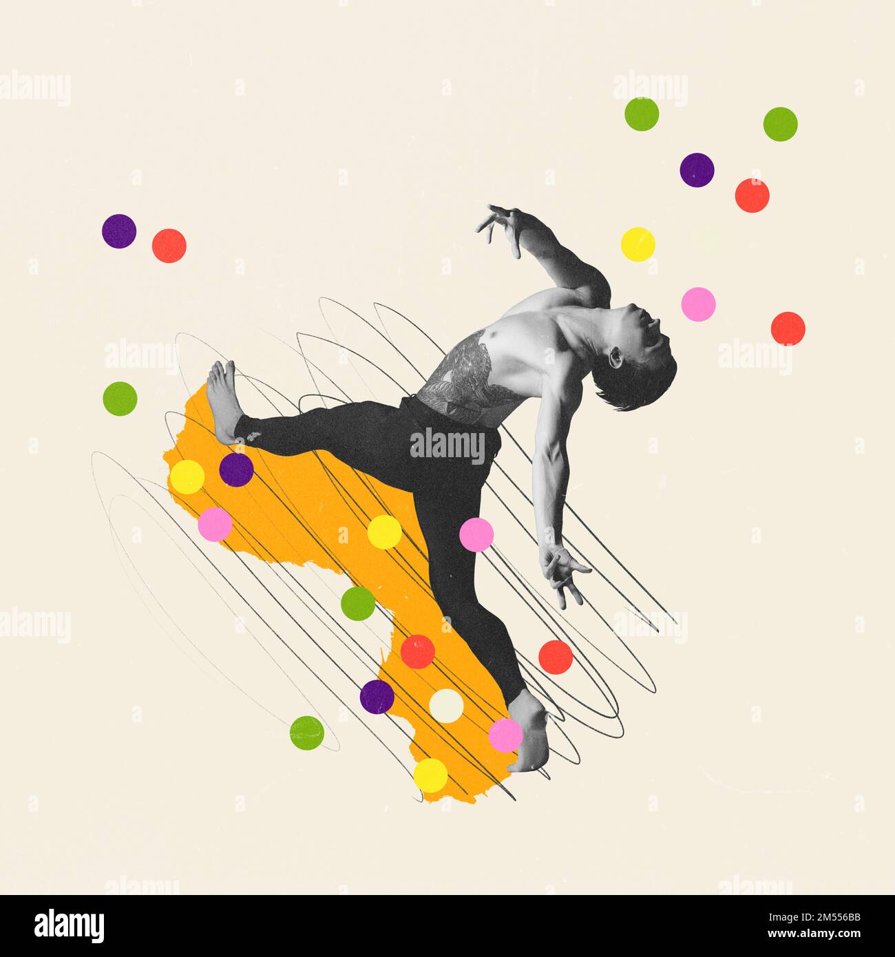 Creative art collage. Man, ballet dancer performing over light ...