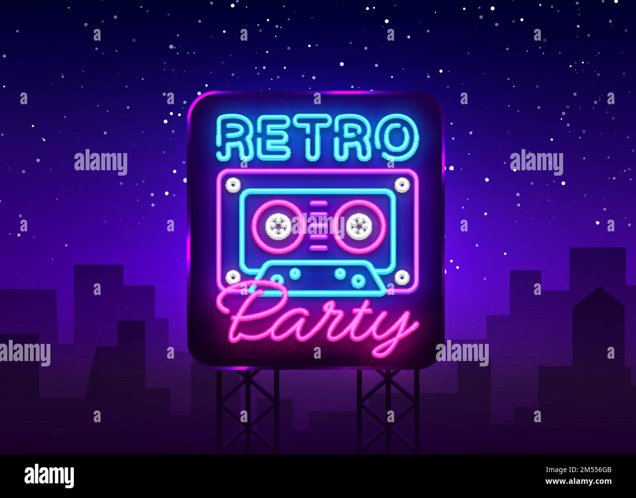 Retro Party neon poster, card or invitation, design template. Retro ...