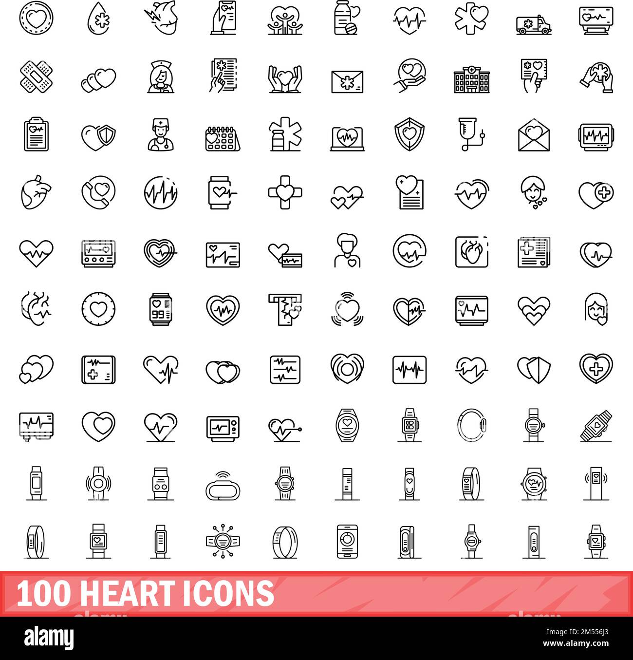 100 heart icons set. Outline illustration of 100 heart icons vector set ...