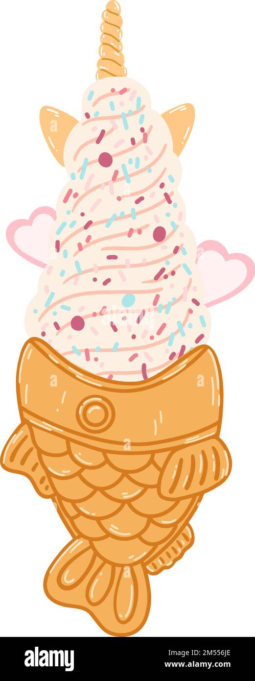 Taiyaki fish-shaped ice cream cone in cartoon flat style. Hand drawn ...