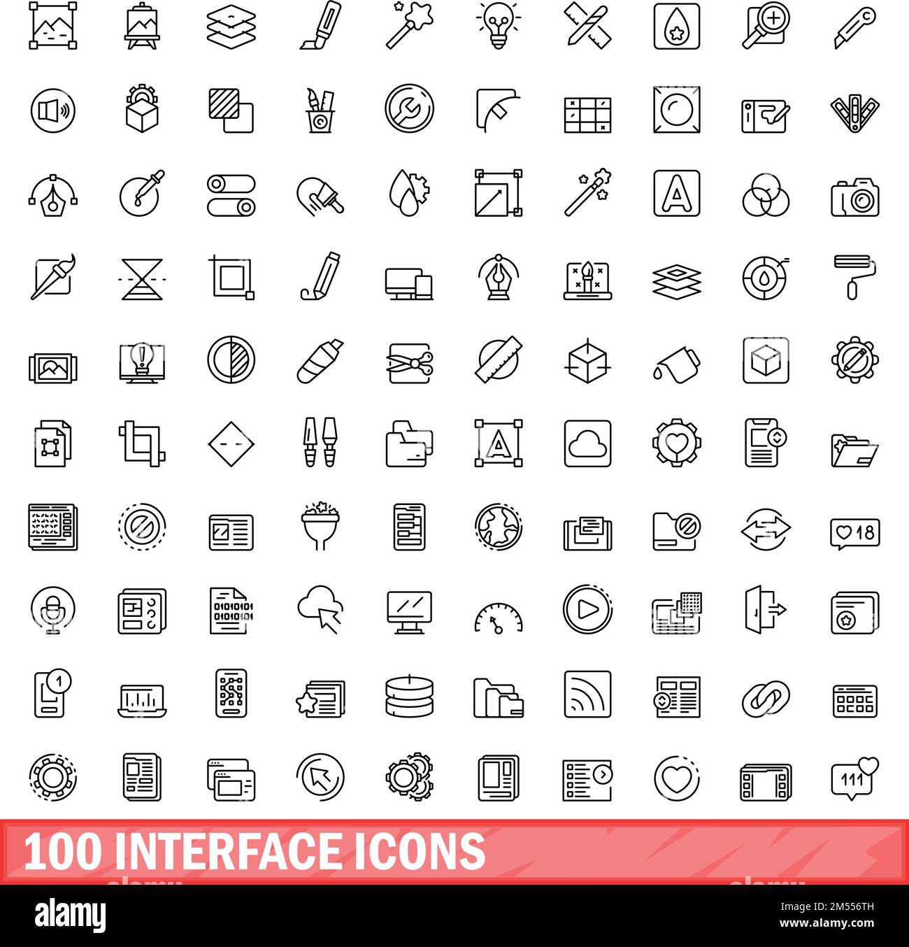 100 interface icons set. Outline illustration of 100 interface icons ...