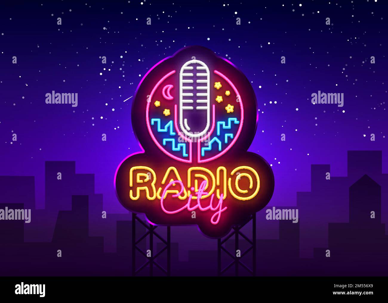Radio Neon Logo Vector. Radio City neon sign, design template, modern ...
