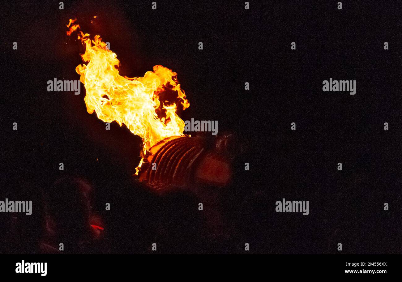 Miyajima, Japan - December 31, 2019. Participants of the Chinkasai Fire ...