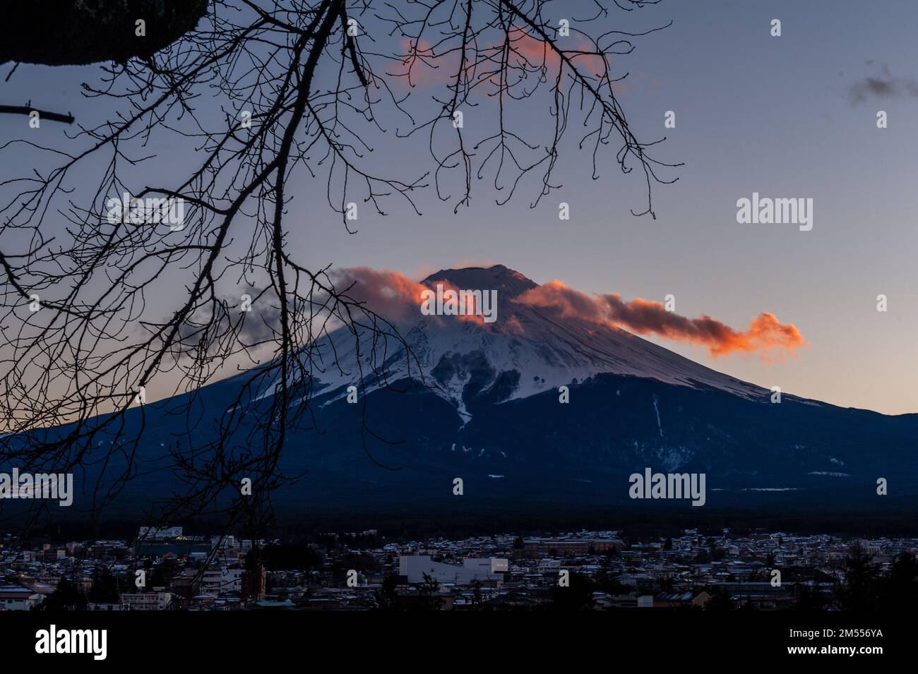 Mount Fuji surrounded by red clouds reflecting the light of the setting ...