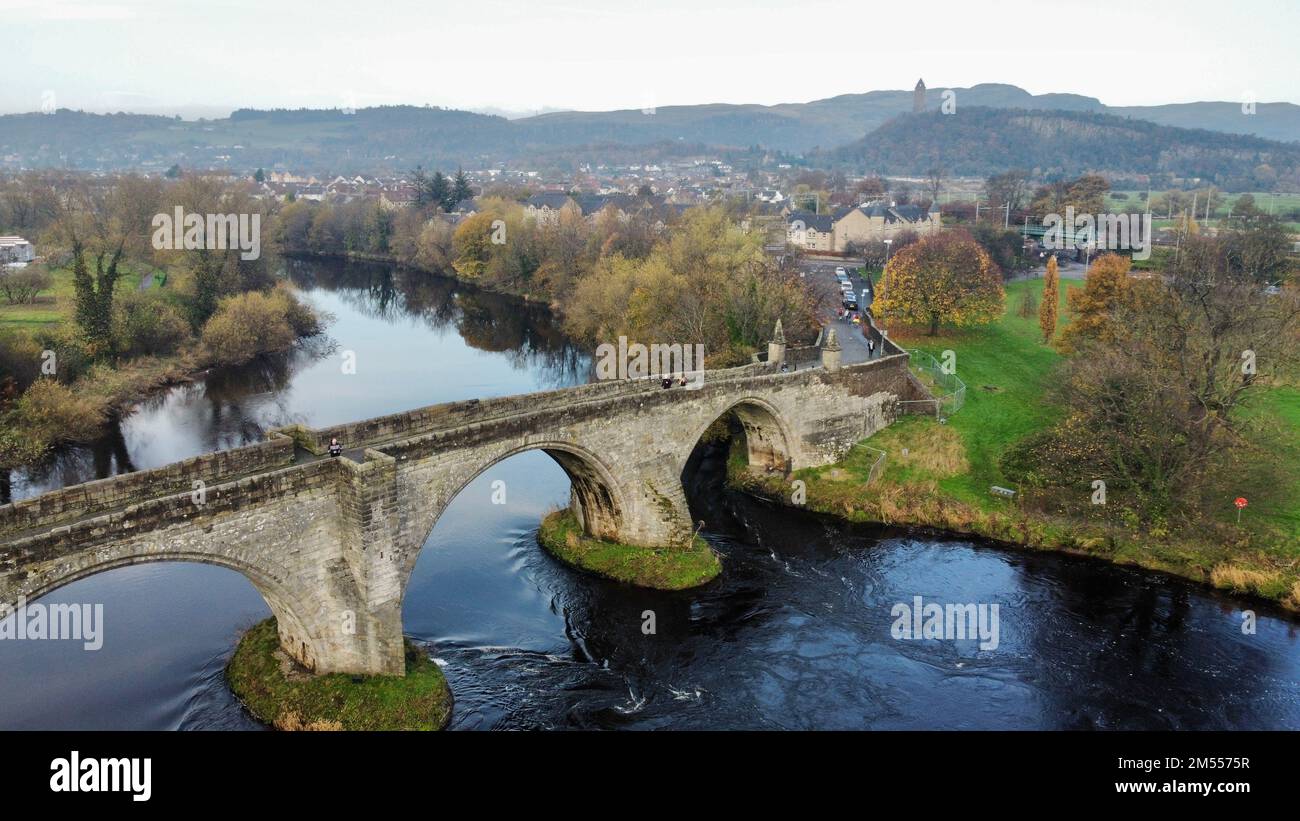 An aerial view of the Stirling Old Bridge over the River Forth ...