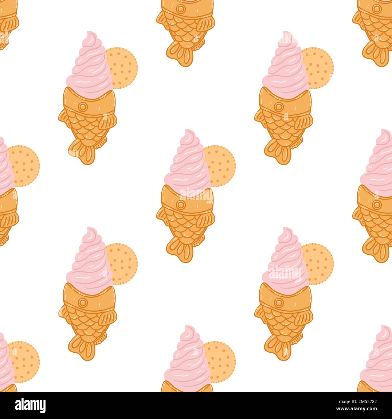 Seamless pattern with taiyaki fish-shaped ice cream cone in cartoon ...