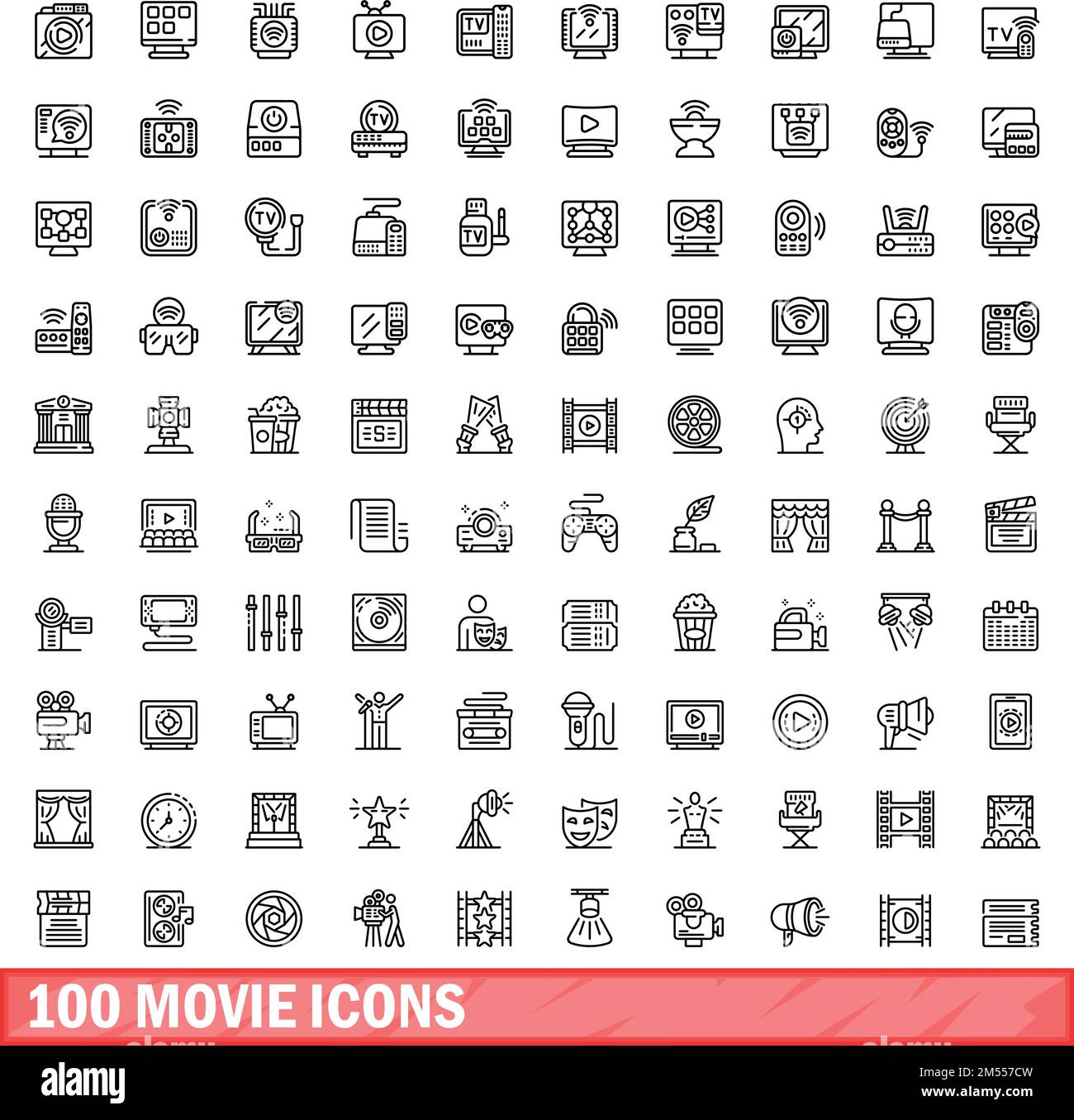 100 movie icons set. Outline illustration of 100 movie icons vector set ...