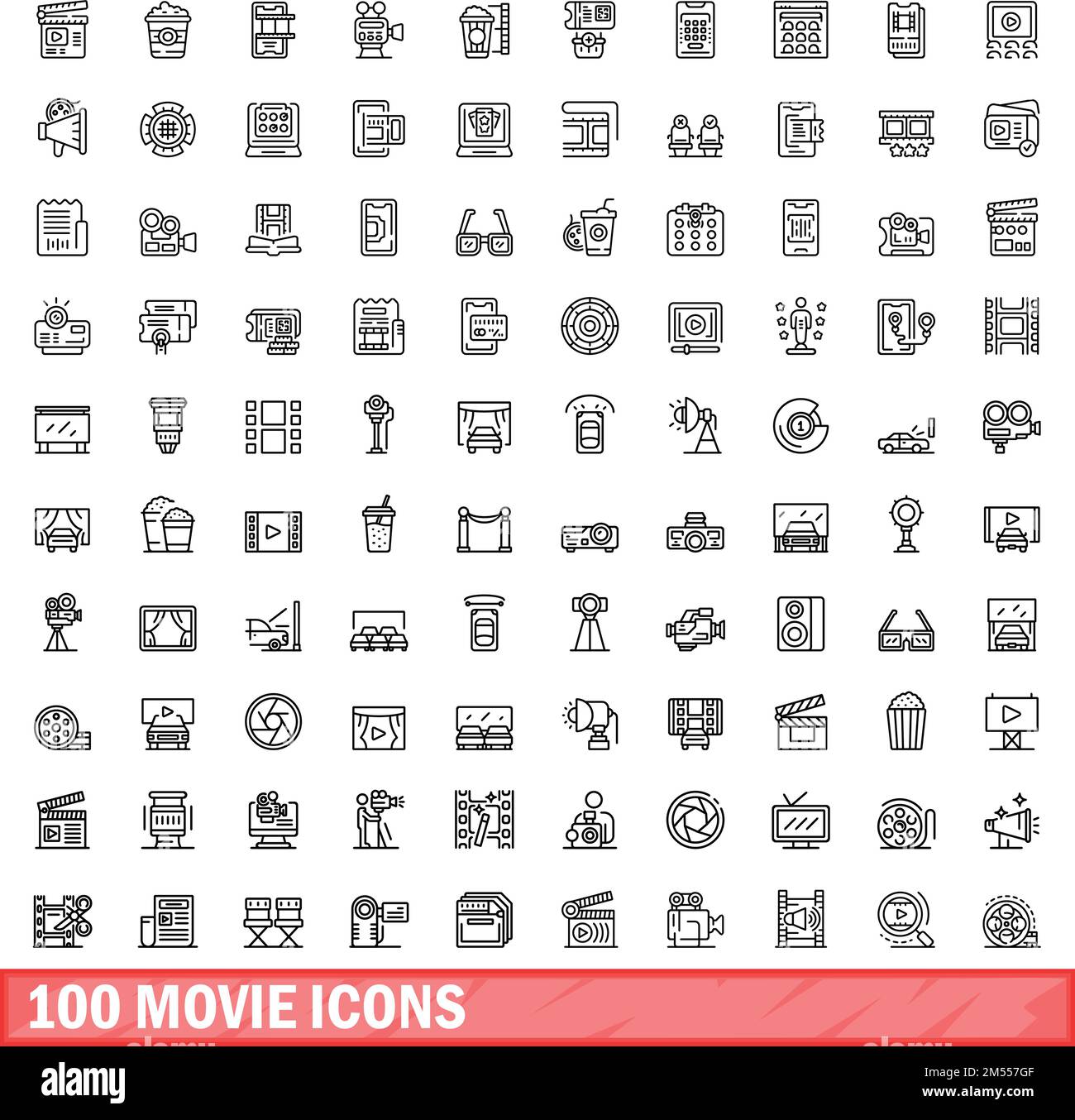 100 movie icons set. Outline illustration of 100 movie icons vector set ...