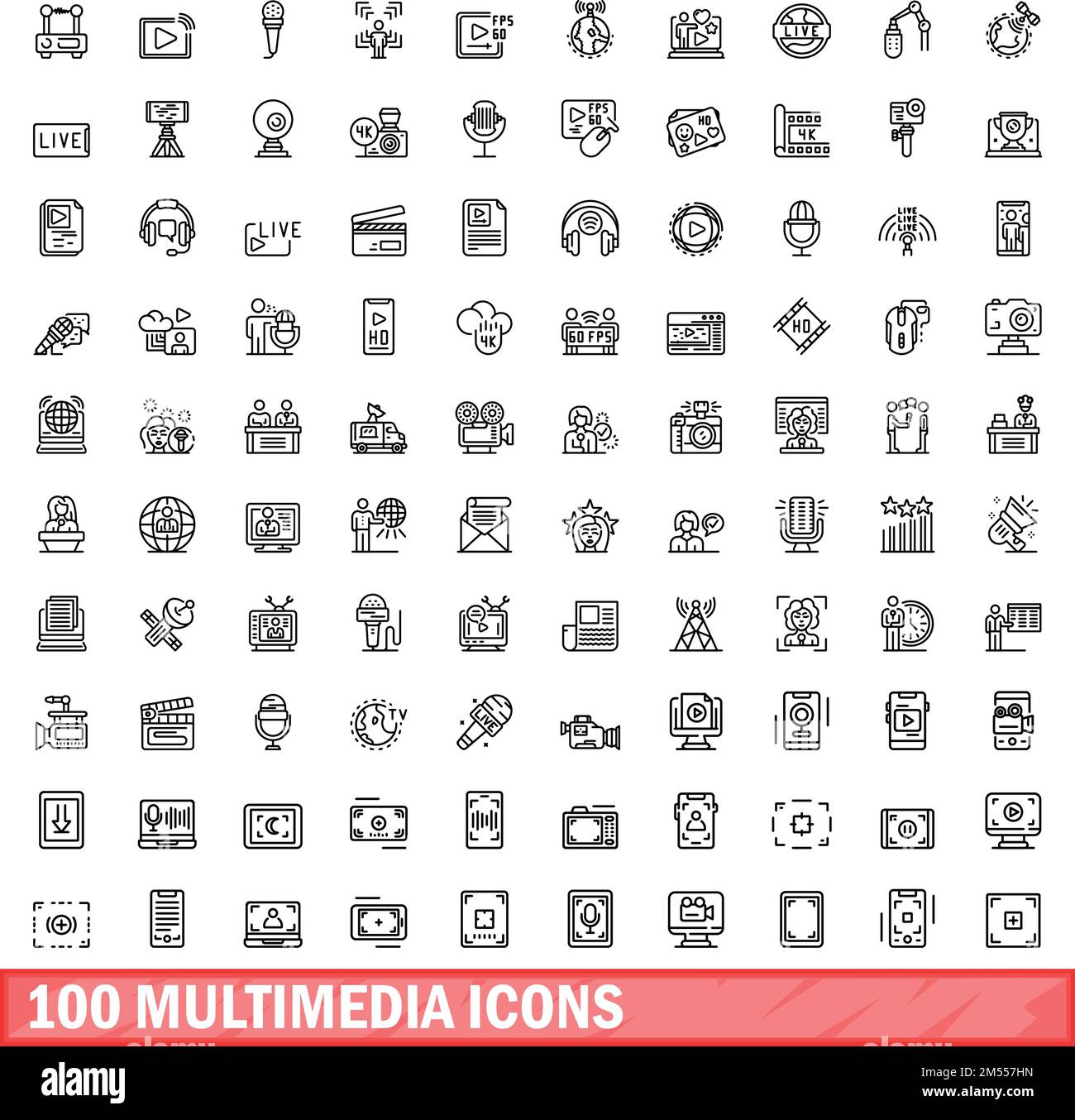 100 multimedia icons set. Outline illustration of 100 multimedia icons ...