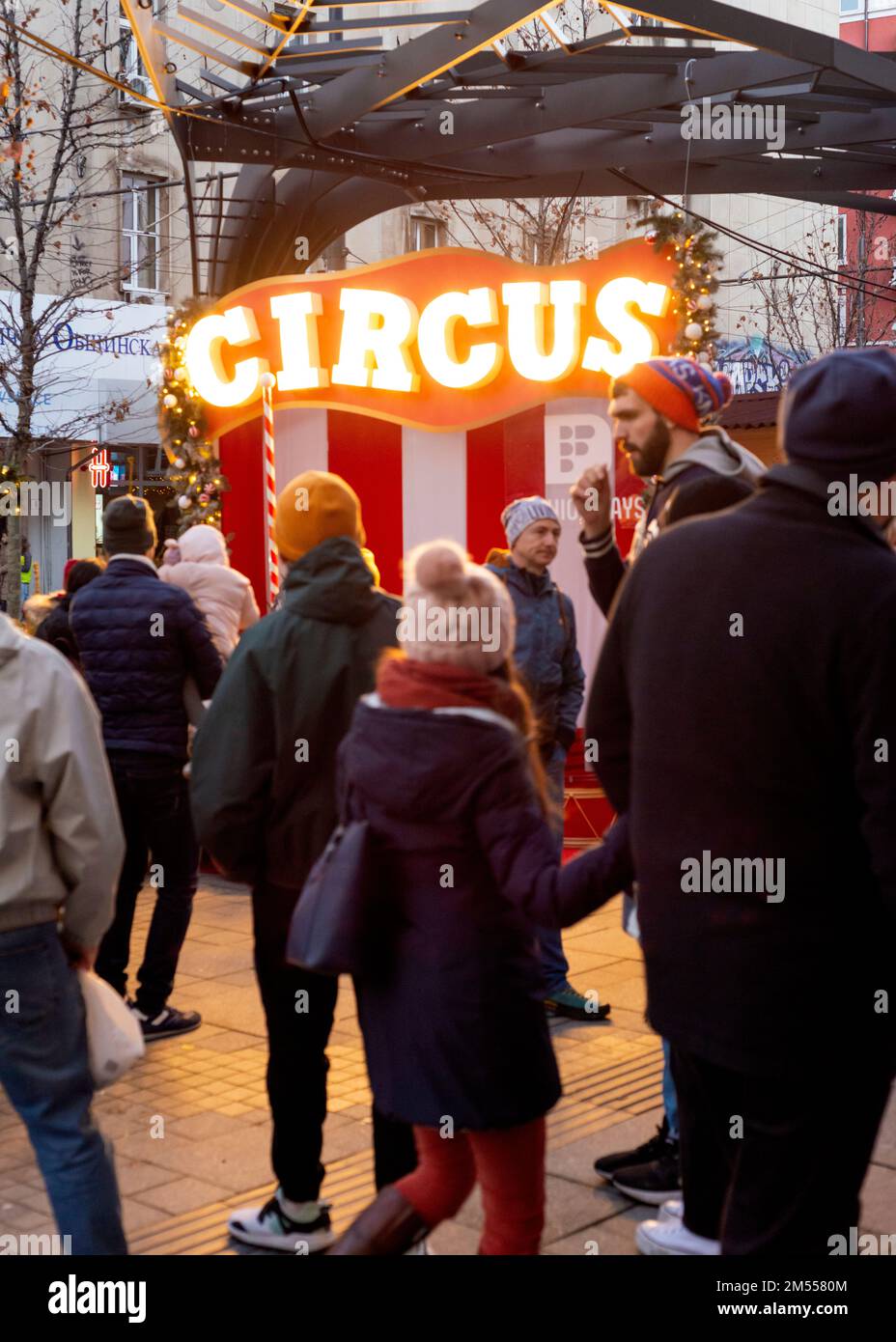 Christmas street market, people, Eastern Europe, street decorations ...