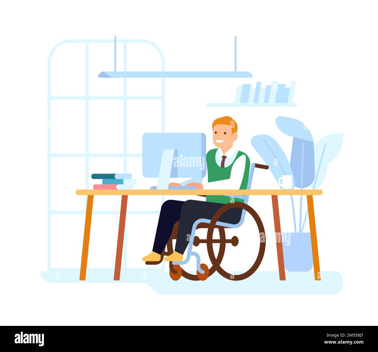Employee with disability works in office. Handicap man sitting in ...