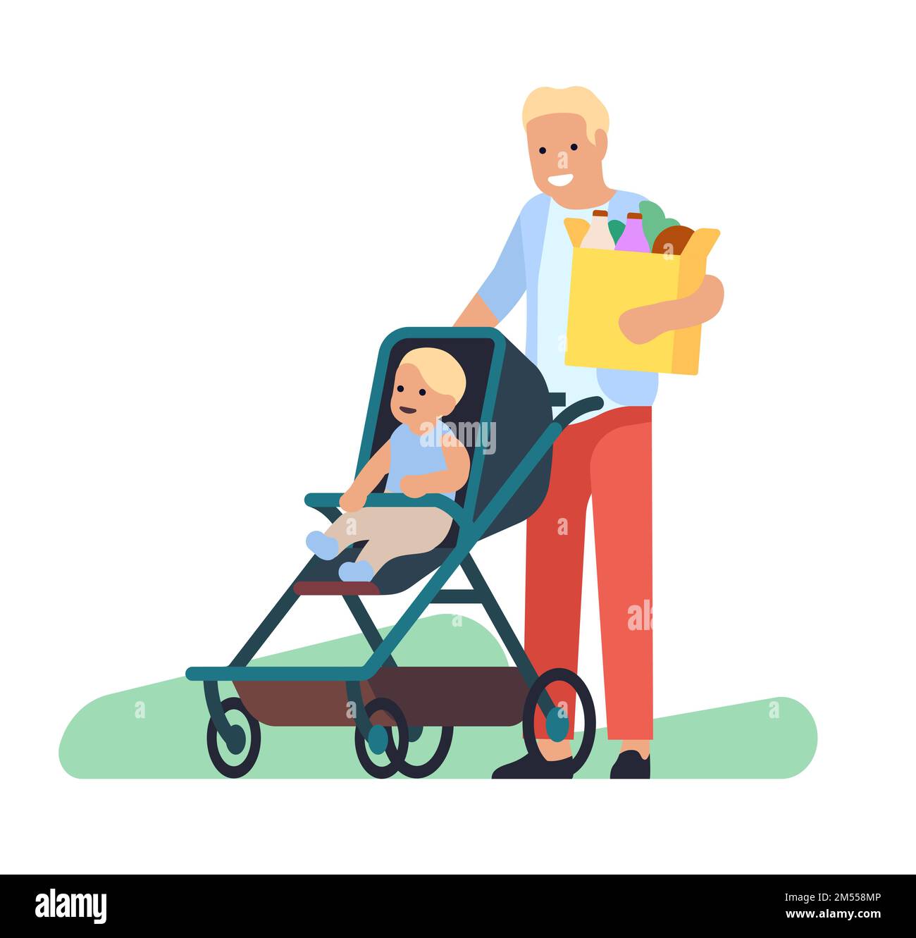Father and baby in stroller with package of groceries. Man carrying ...