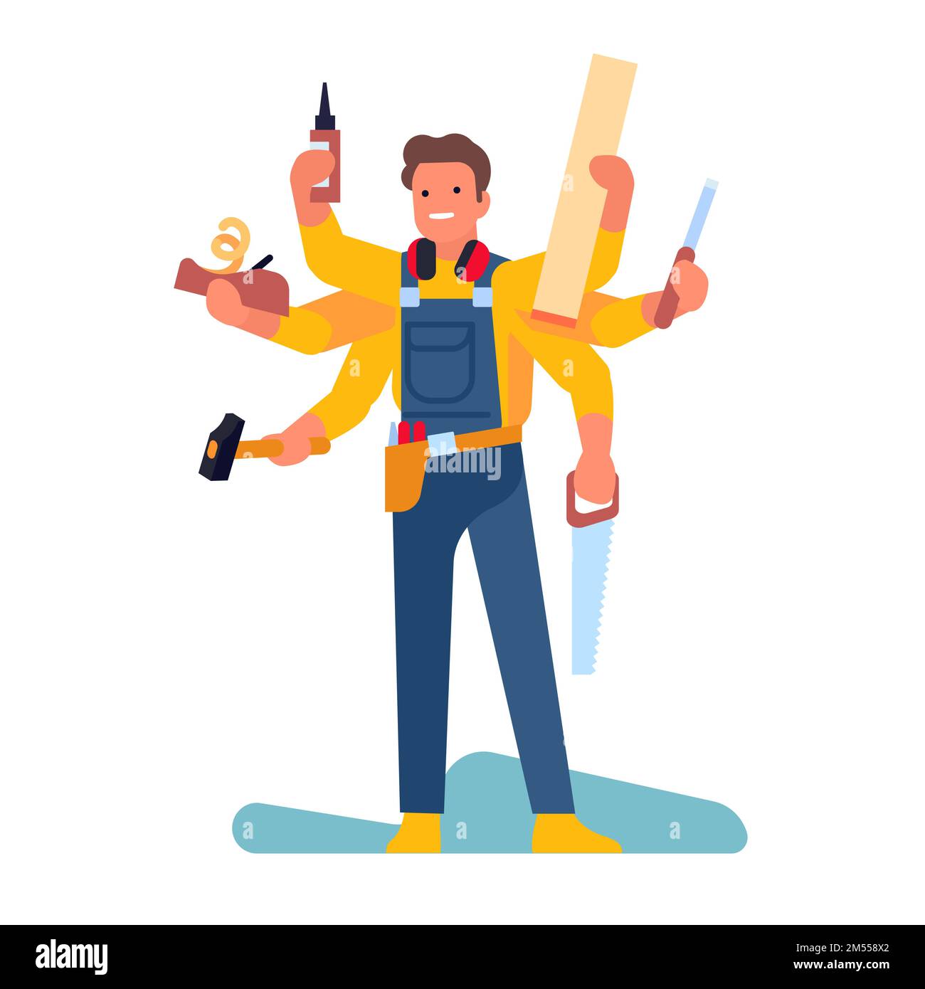 Man in uniform with carpentry tools. Multitasking worker. Carpenter ...