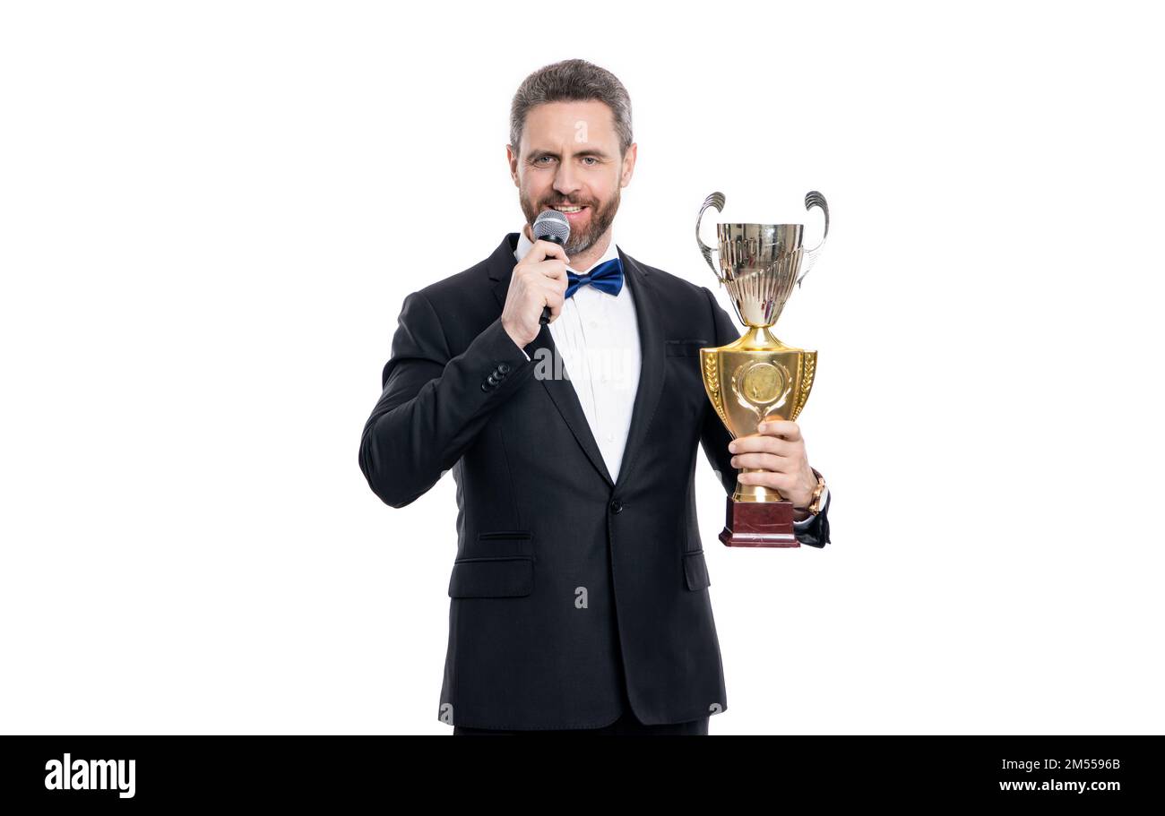 presenter man announce winner. man presenter announce winner isolated ...