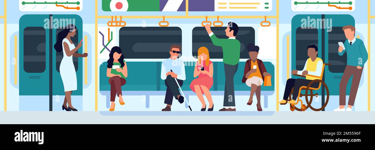 People with disabilities on subway train. Underground carriage ...