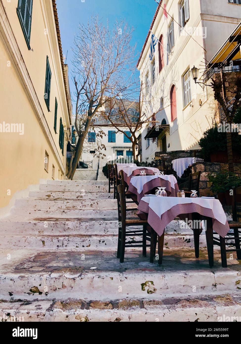 A stairway with tables set in Athens, Greece Stock Photo - Alamy