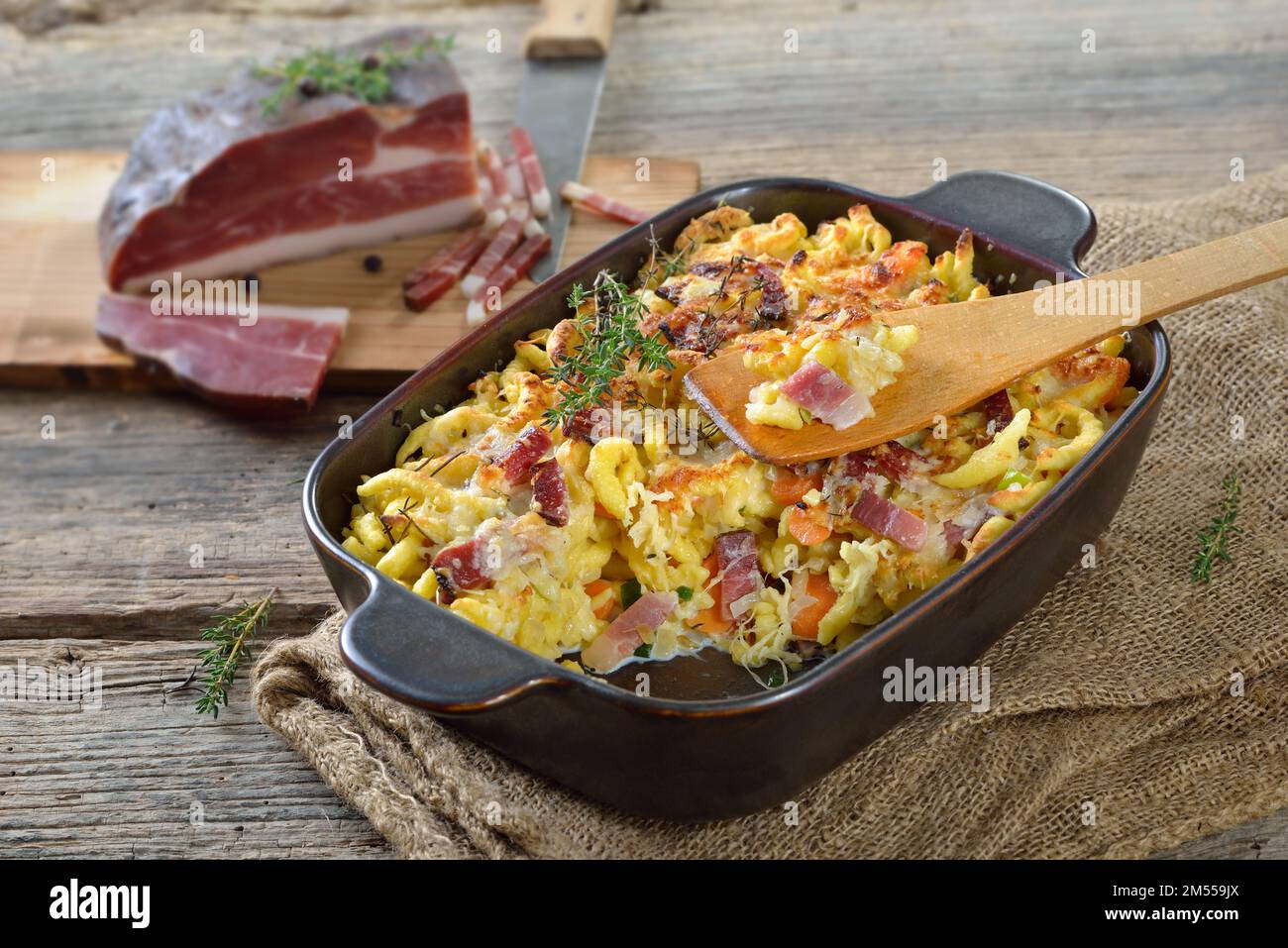 Homemade spaetzle casserole with parmesan, vegetables and South ...