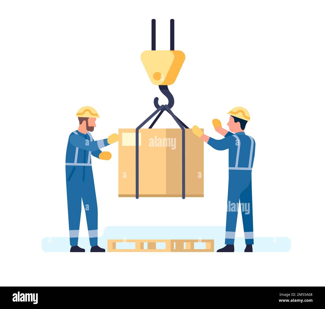 Workers remove cargo with crane. Men lifting cardboard boxes by ...