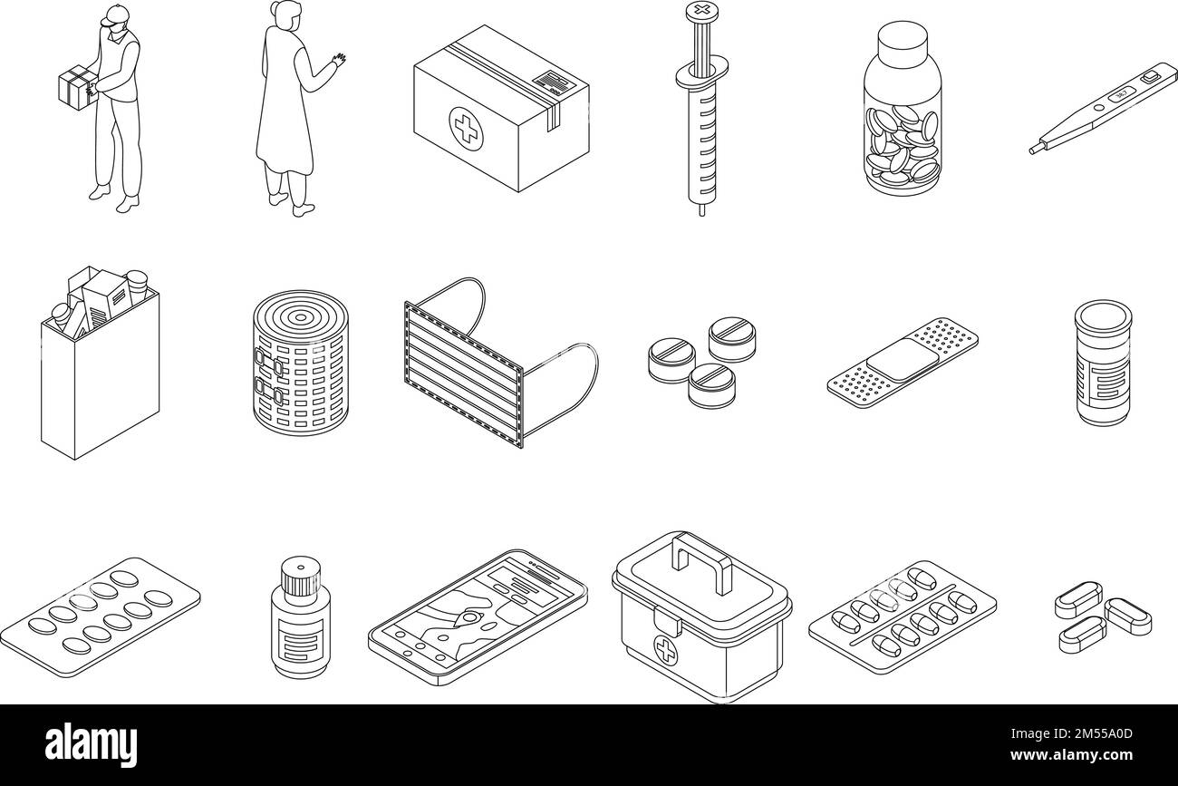 Drug delivery icons set. Isometric set of drug delivery vector icons ...