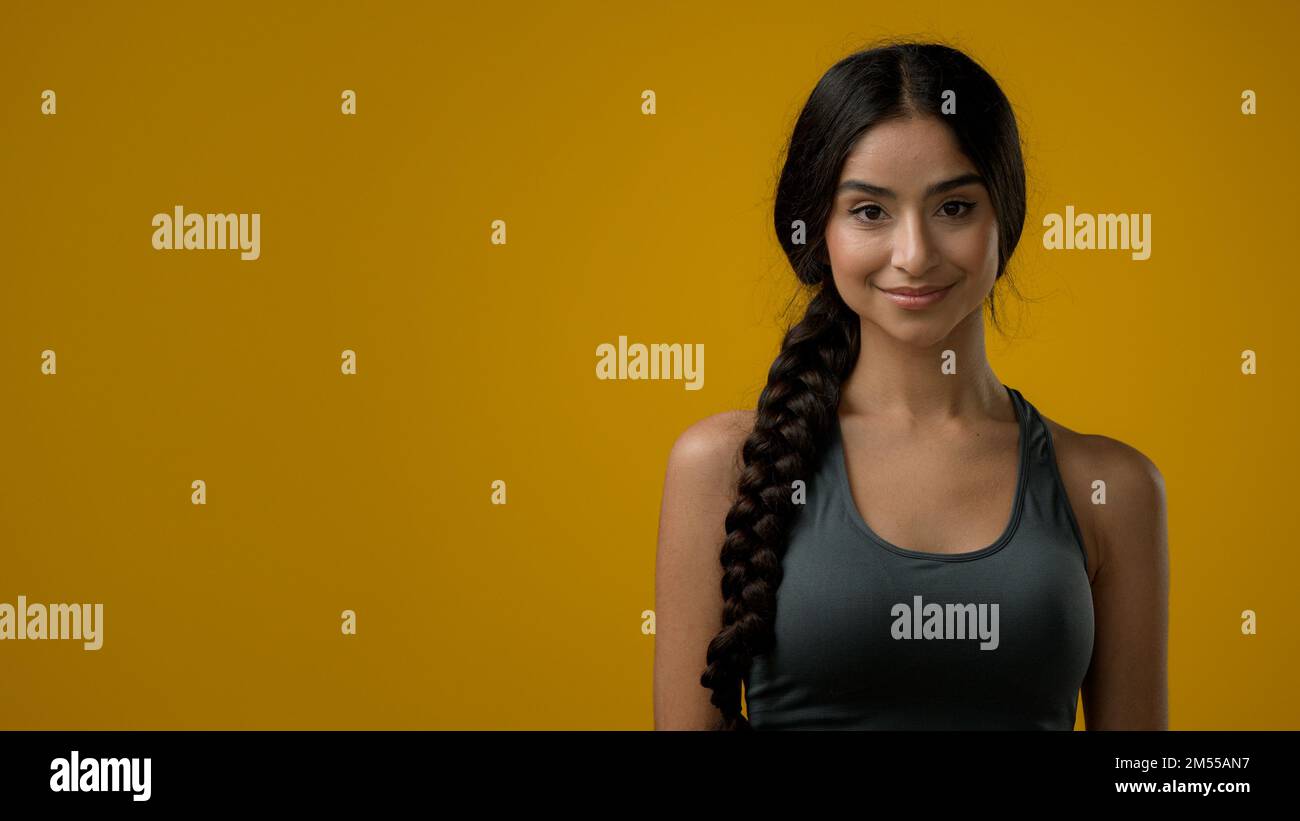 Portrait slim slender ethnic sporty model Indian lady sport girl in ...