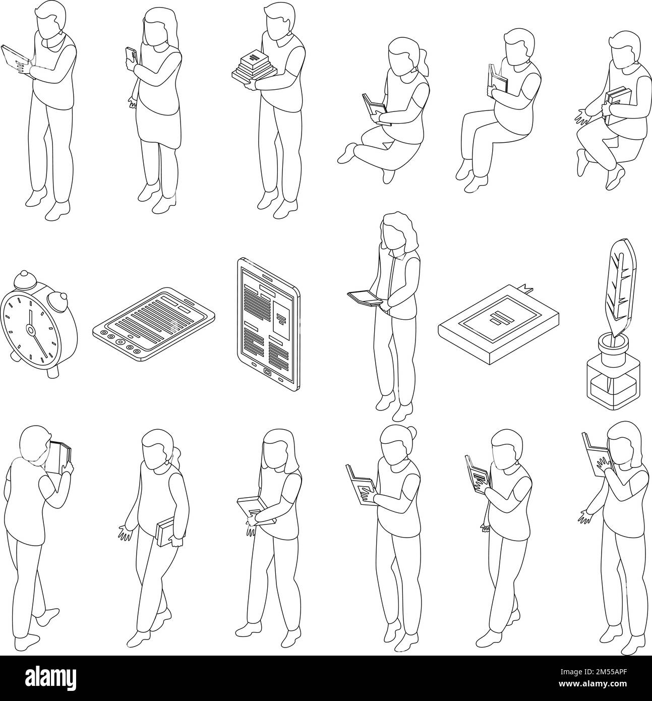 Children reading icons set. Isometric set of children reading vector ...