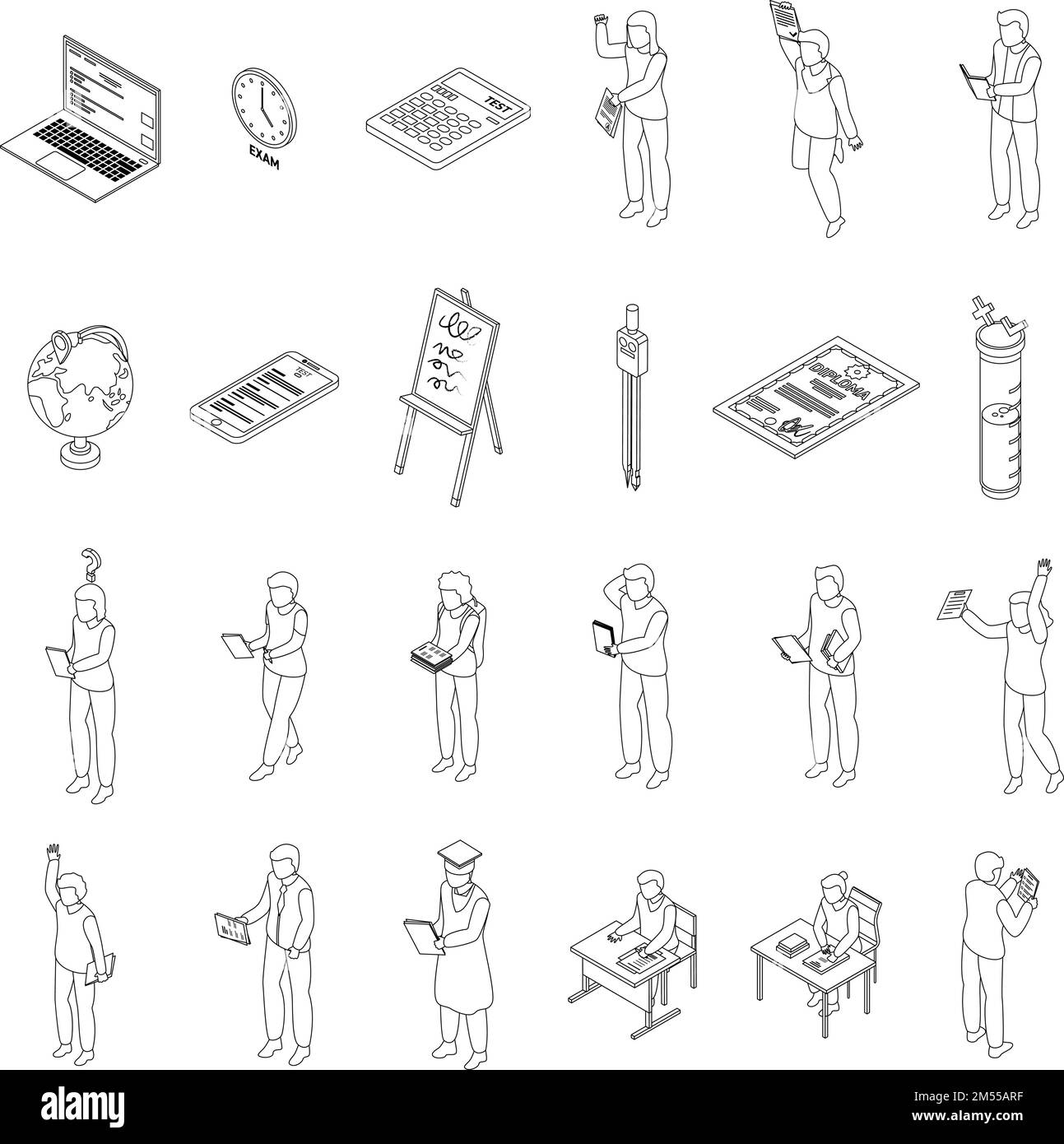 School test icons set. Isometric set of school test vector icons for ...