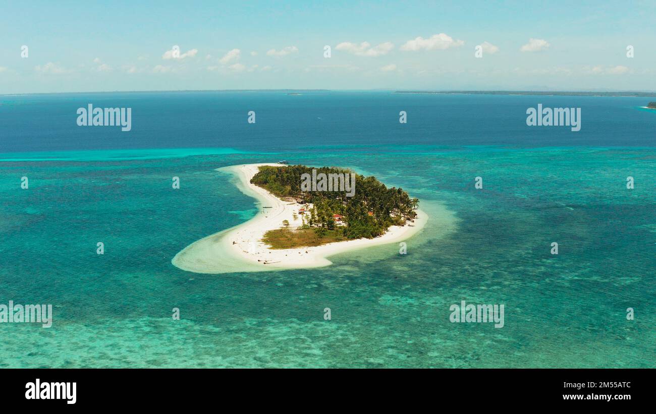 Tropical island Canimeran with sandy beach in the blue sea with coral ...