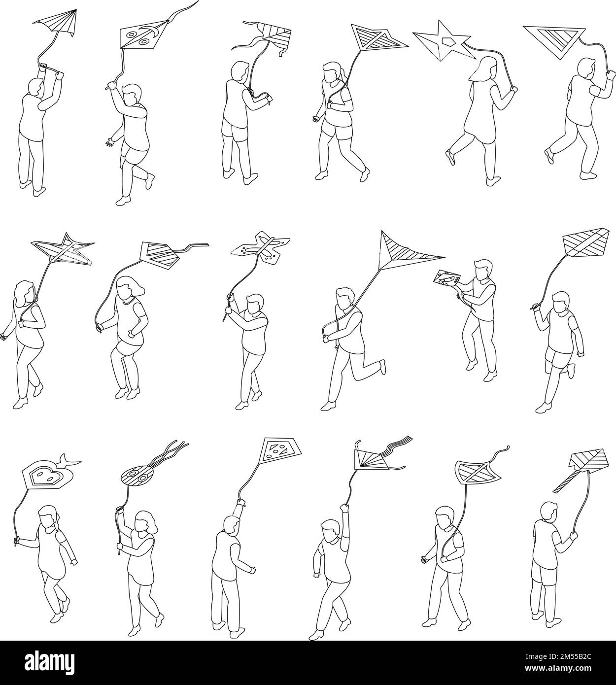 Kids playing with kite icons set. Isometric set of kids playing with ...