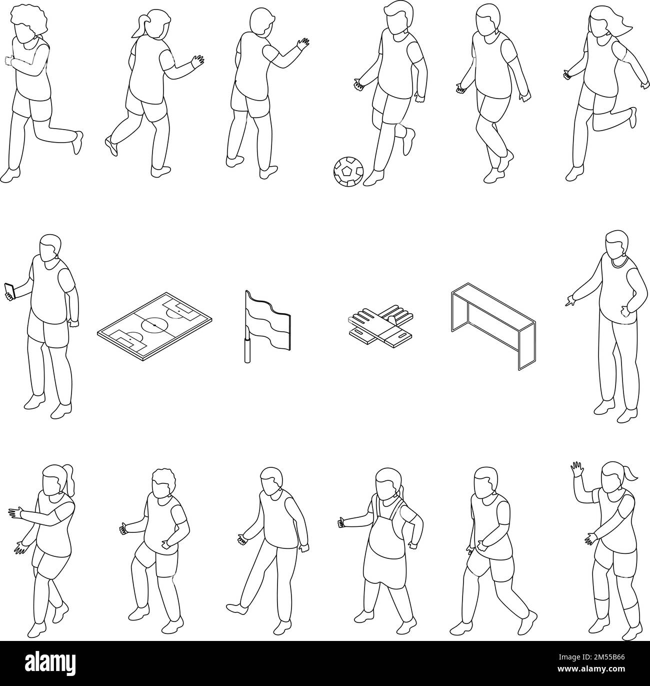 Kids playing soccer icons set. Isometric set of kids playing soccer ...