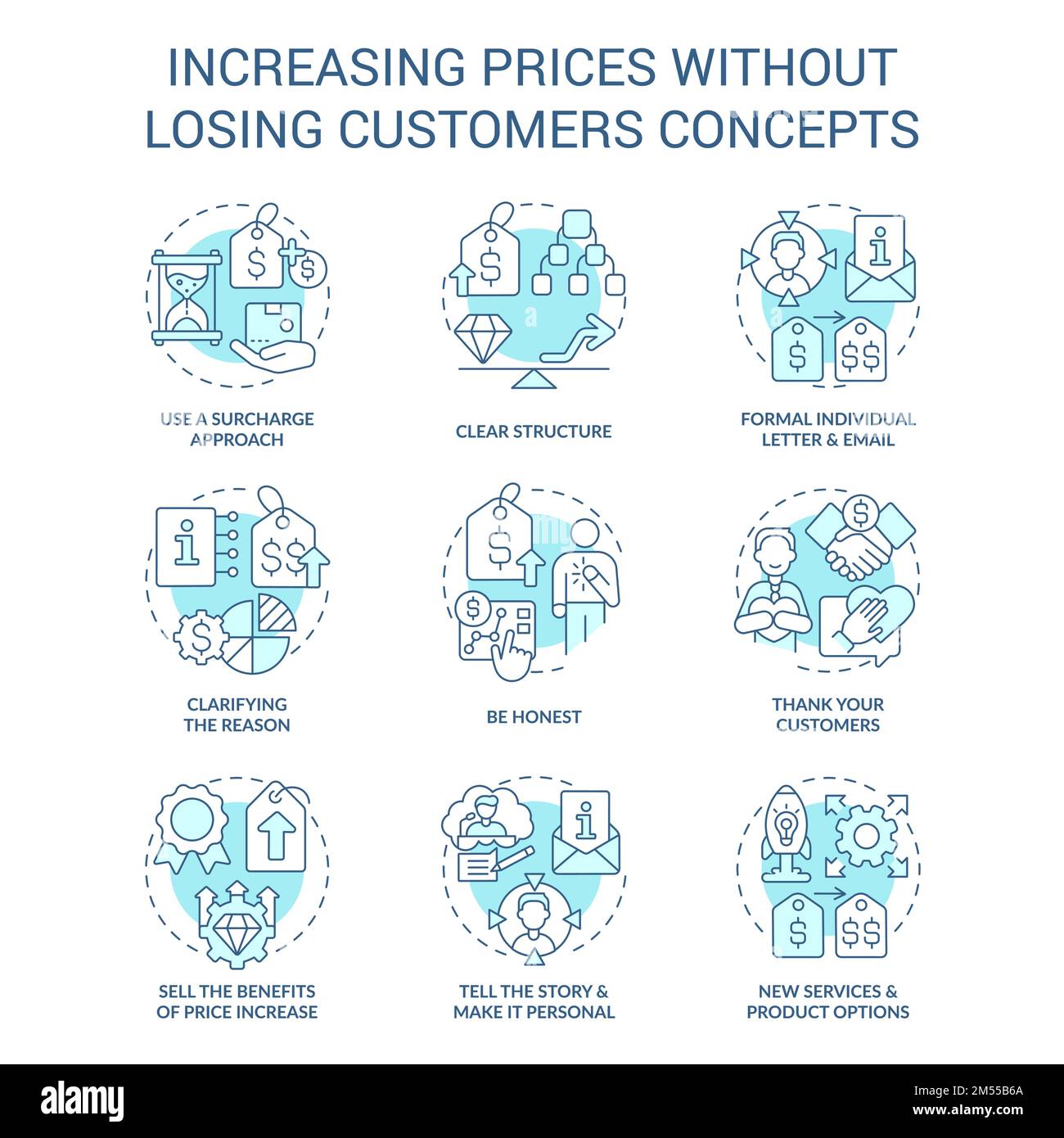 Increasing prices without losing customers blue concept icons set Stock ...