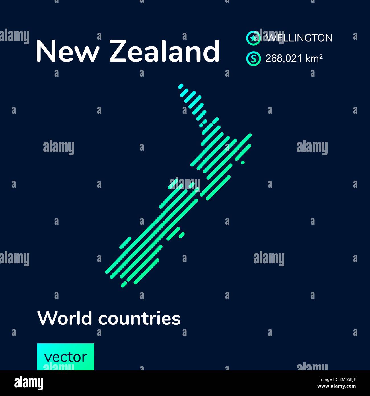 Vector creative digital neon flat line art abstract simple map of New Zealand with green, mint ...