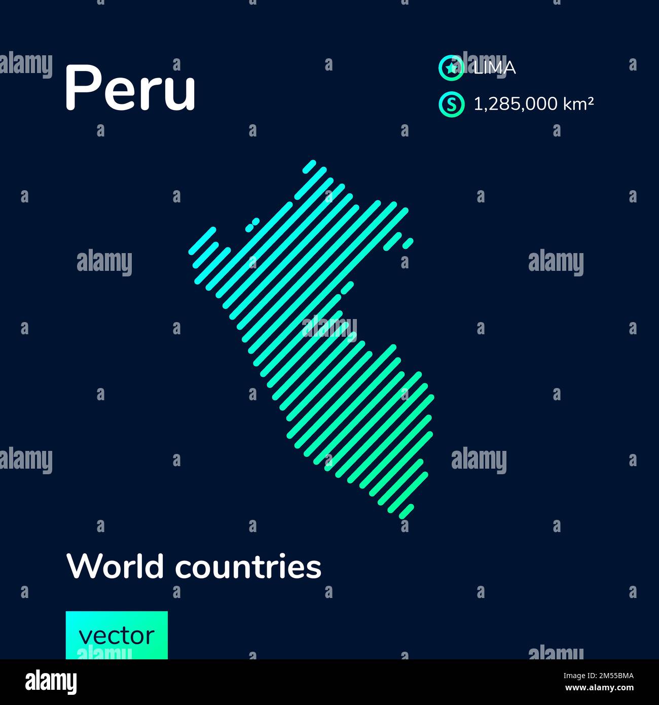 Map of Peru. Vector creative digital neon flat line art abstract simple map with green, mint ...