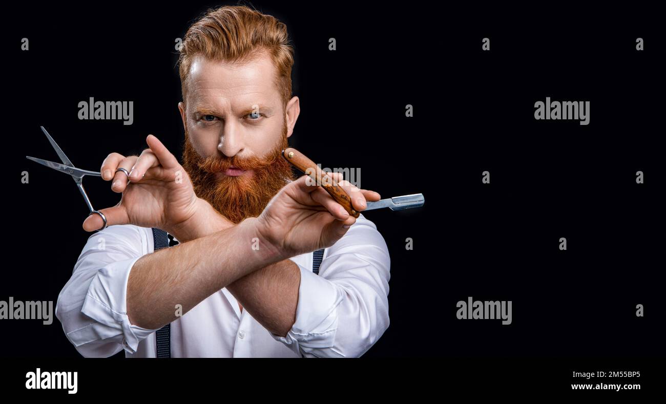 barbershop man with scissors and retro razor blade, banner. photo of ...