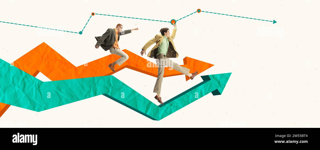 Contemporary art collage. Creative design. Motivated, ambitious men ...