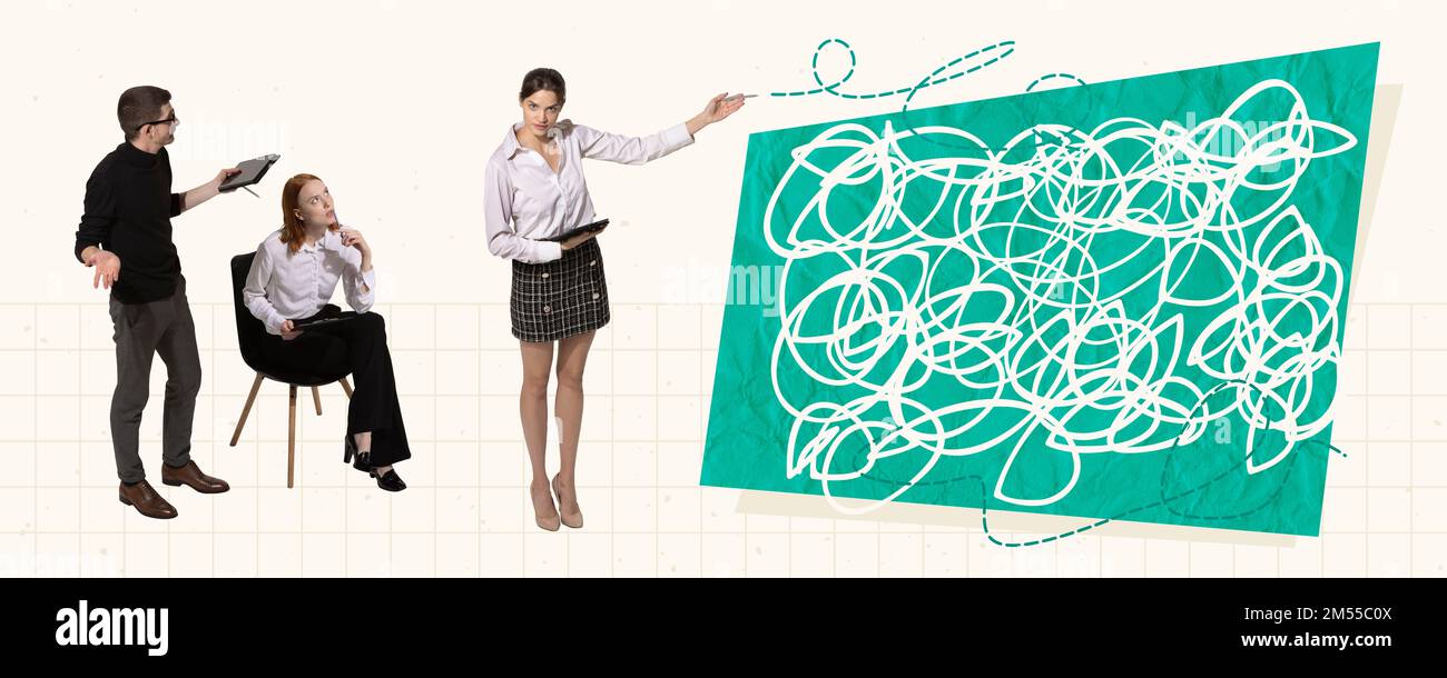 Contemporary art collage. Creative design. Difficult tasks. Employees ...
