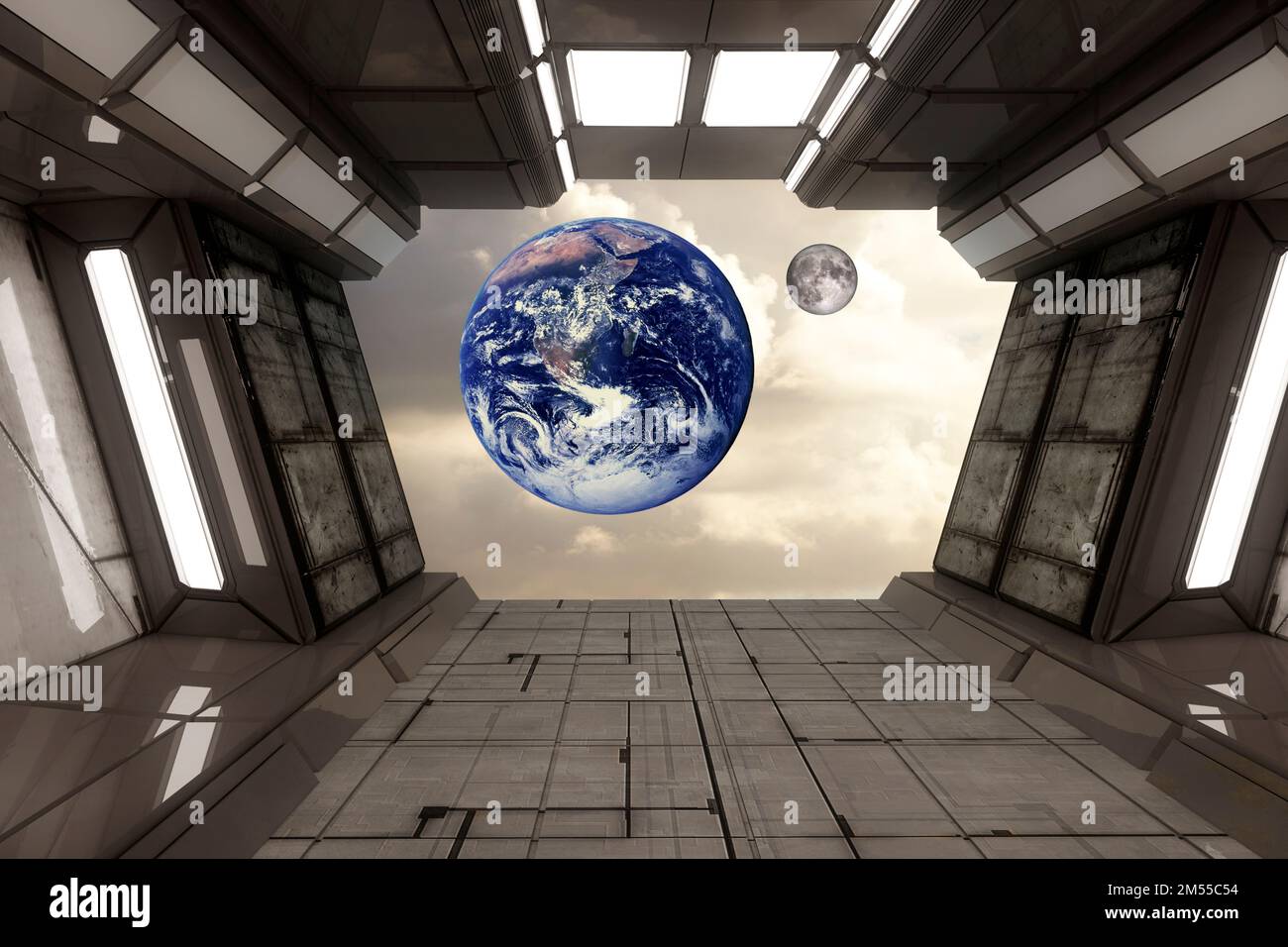 3D Illustration. 3D Rendering. Inside of space ship world and moon ...