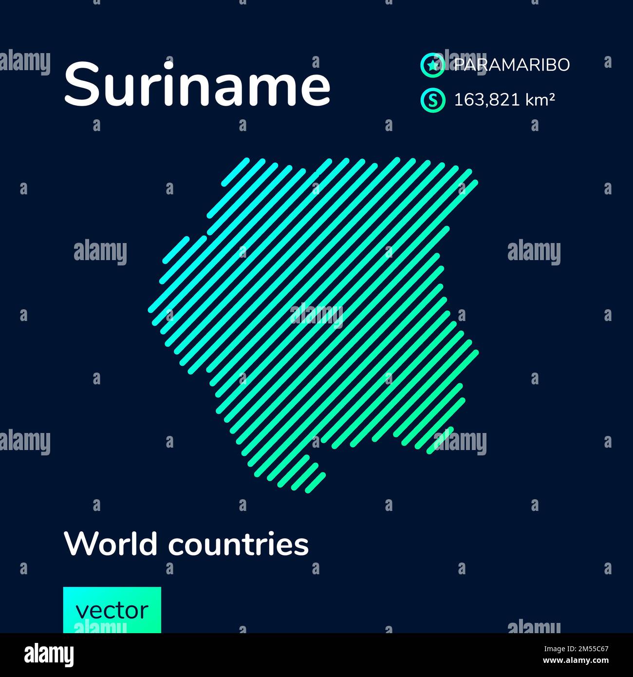 Vector creative digital neon flat line art abstract simple map of Suriname with green, mint ...
