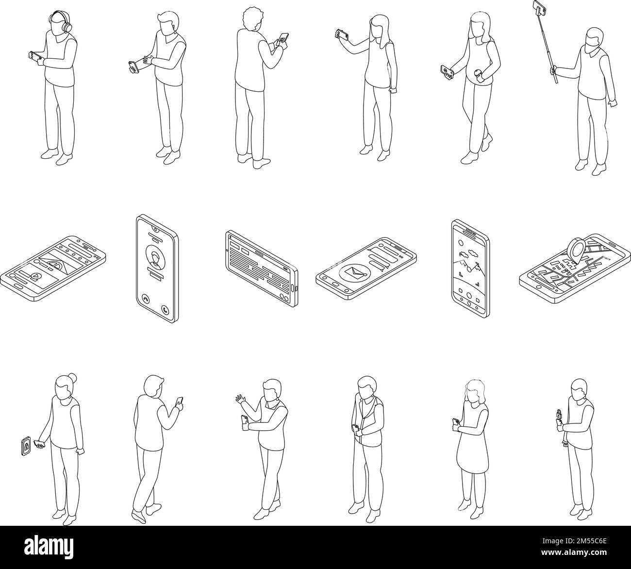 Using smartphone icons set. Isometric set of using smartphone vector ...