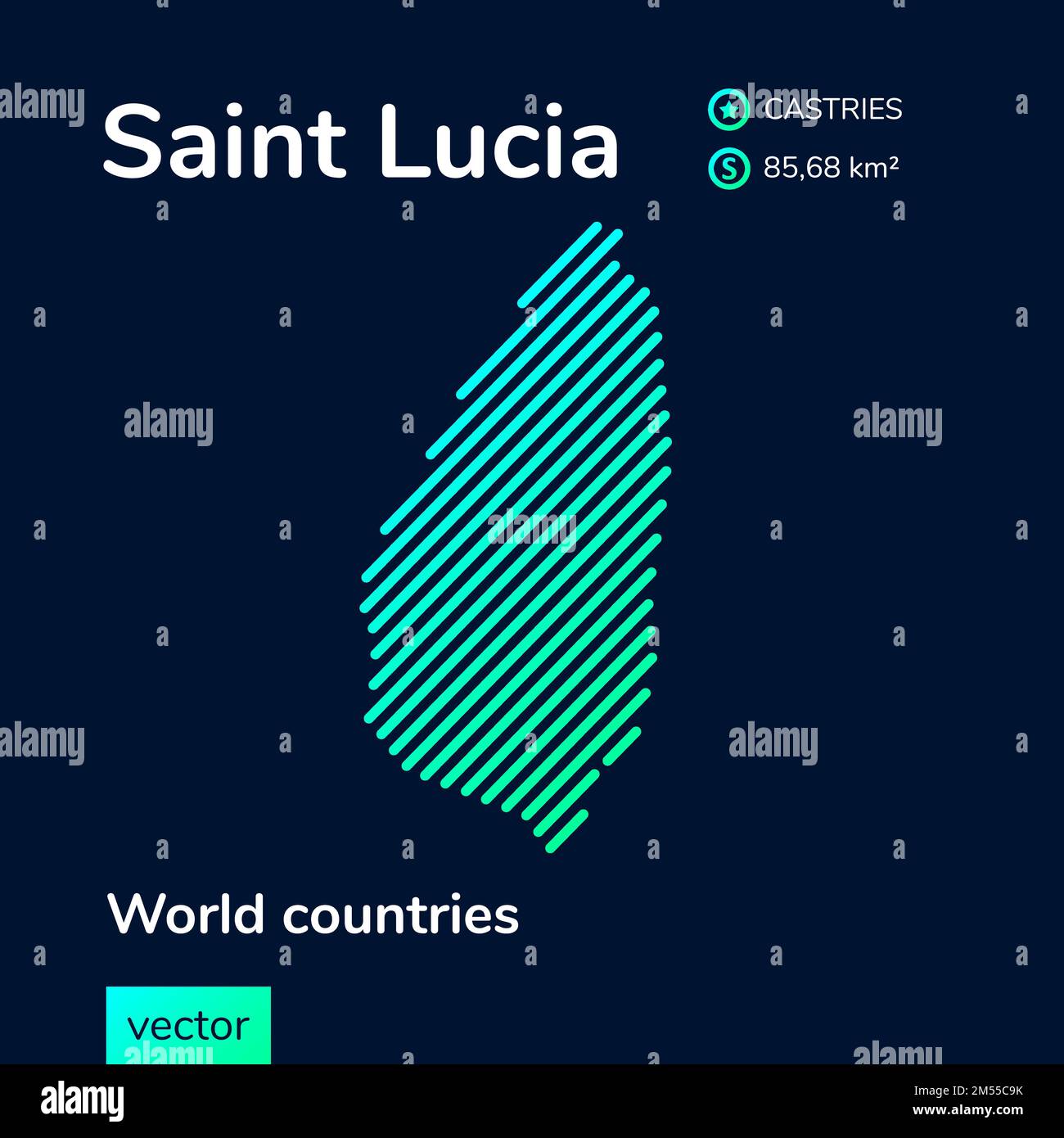 Map of Saint Lucia. Vector creative digital neon flat line art abstract simple map with green ...