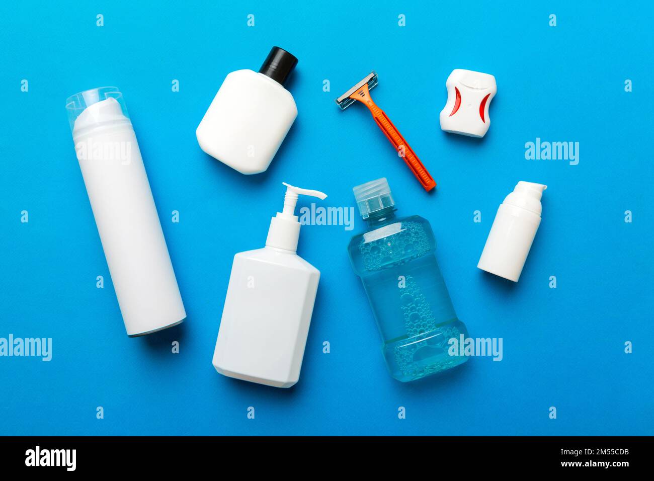 Mockup for bathing products top view flat lay, spa razor, toothpaste ...