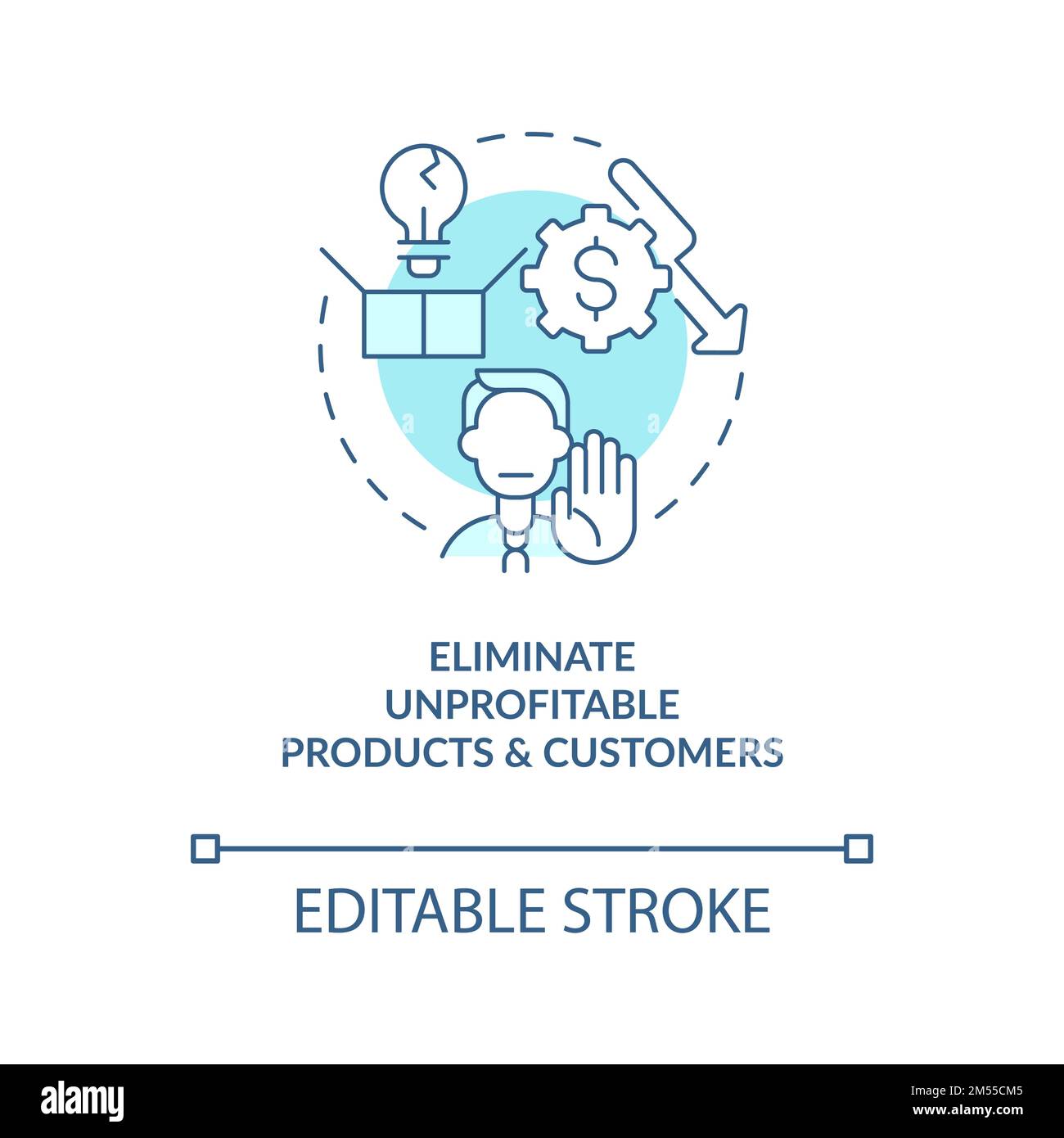 Eliminate unprofitable products and customers blue concept icon Stock ...