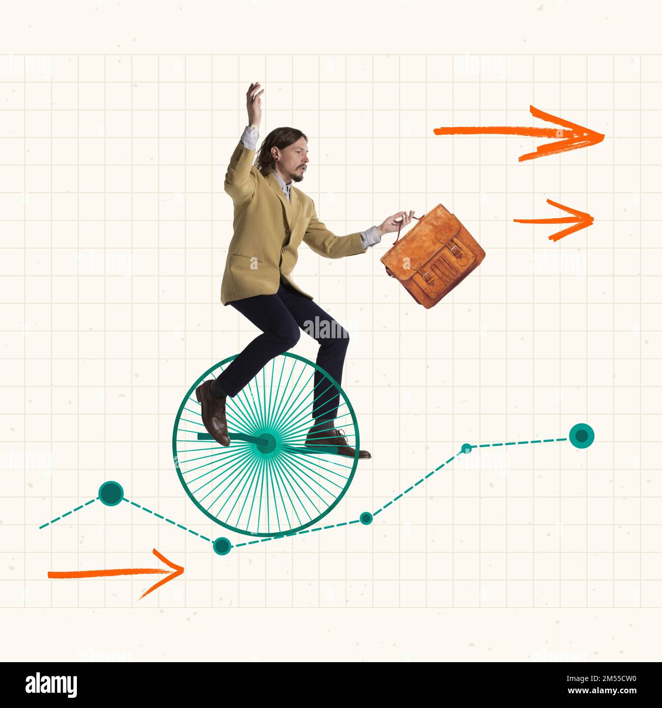 Contemporary art collage. Creative design. Businessman riding on wheel ...