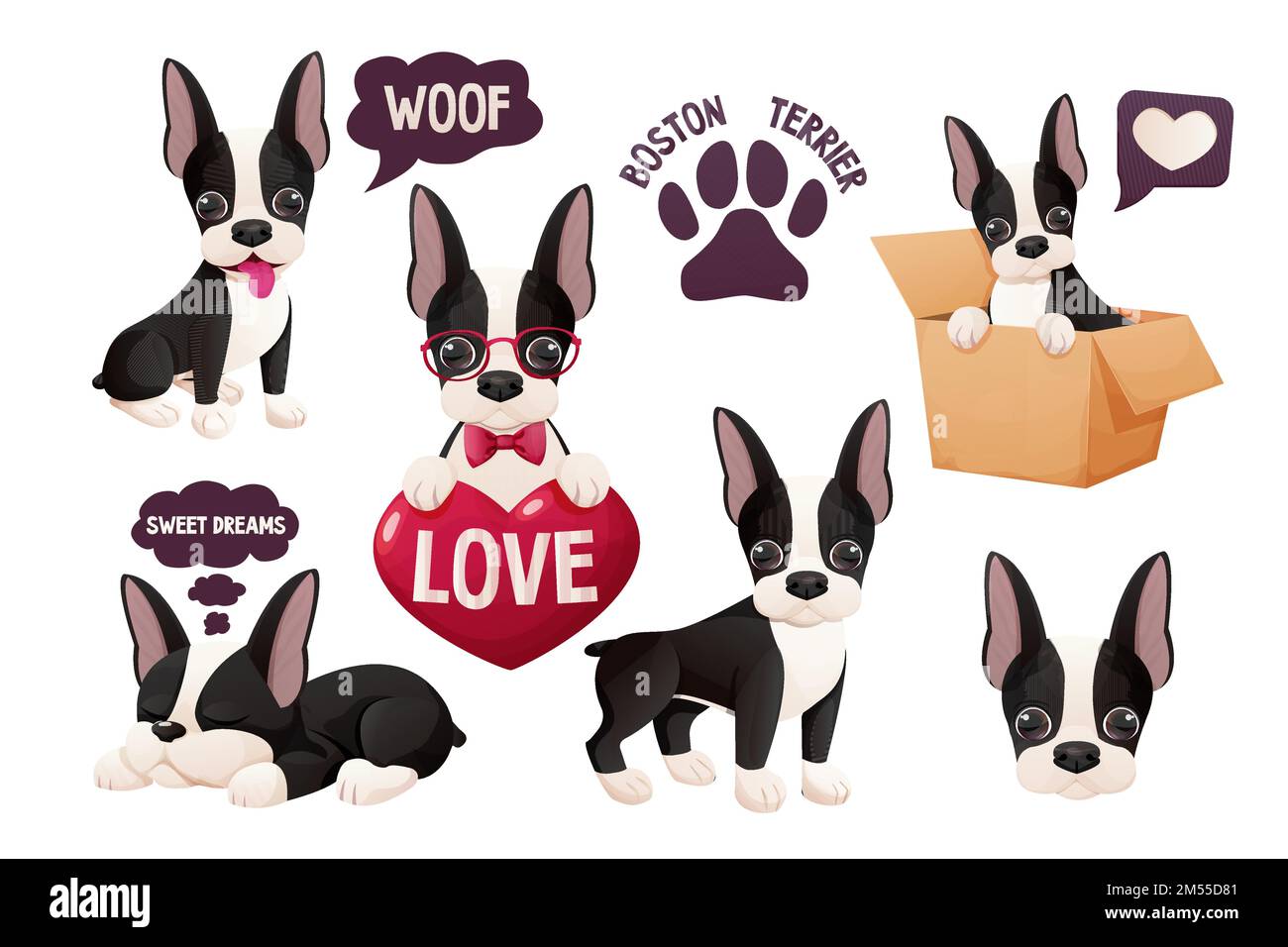 Set Cute Boston terrier stickers, cool sweet puppy in cartoon style ...