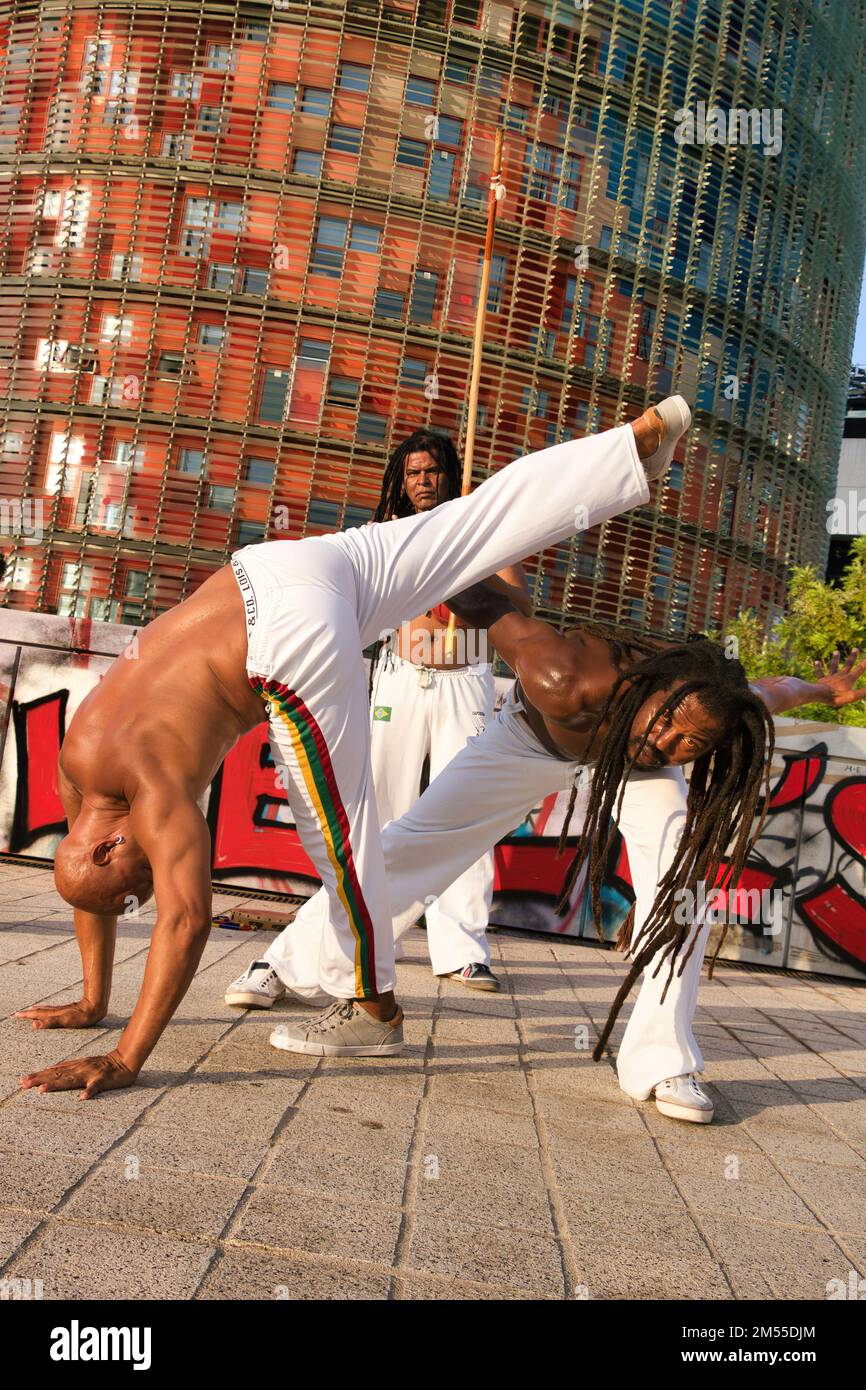 A vertical shot of the capoeira team training in the central square of ...