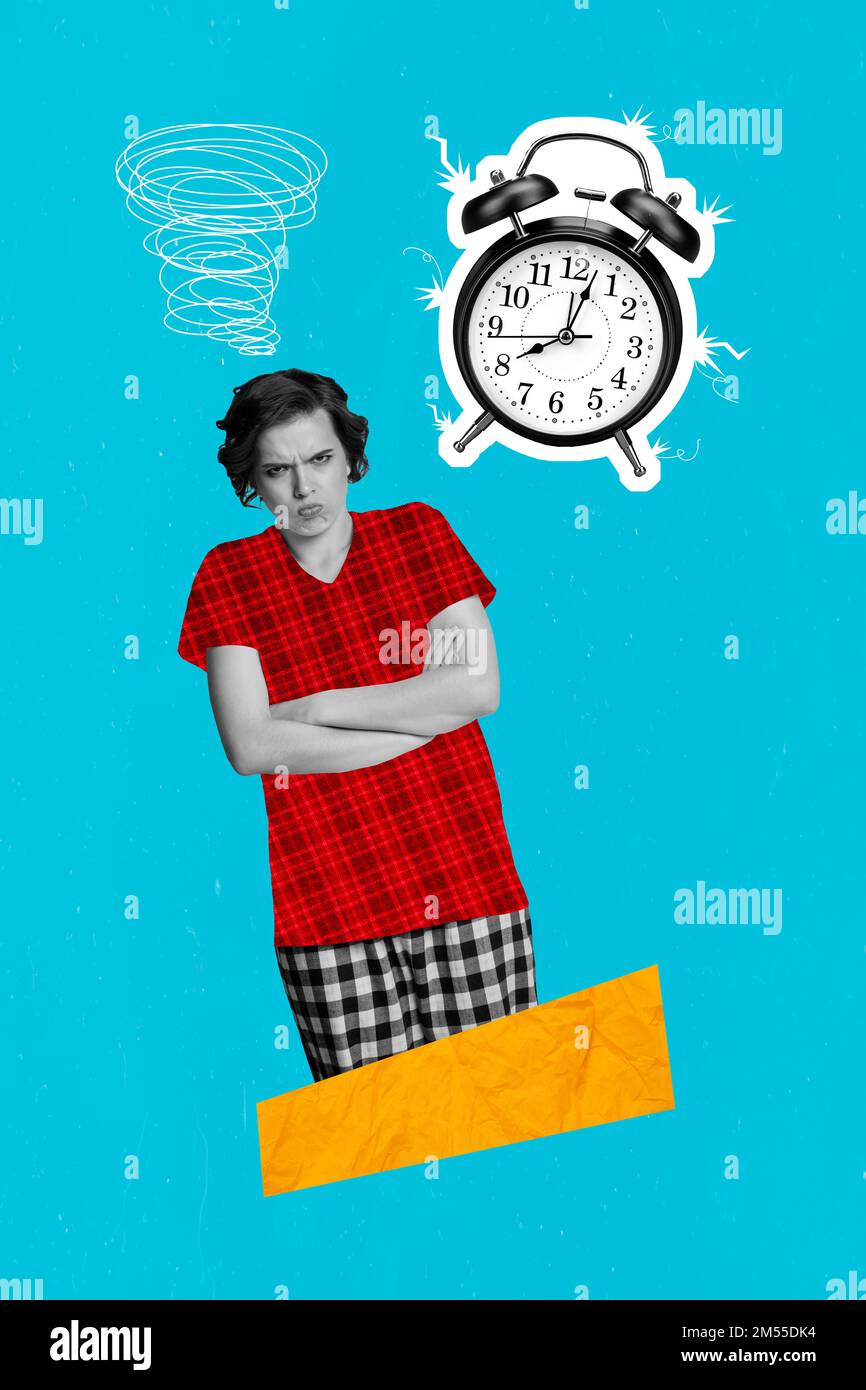 Vertical collage photo of young angry dissatisfied woman folded arms ...