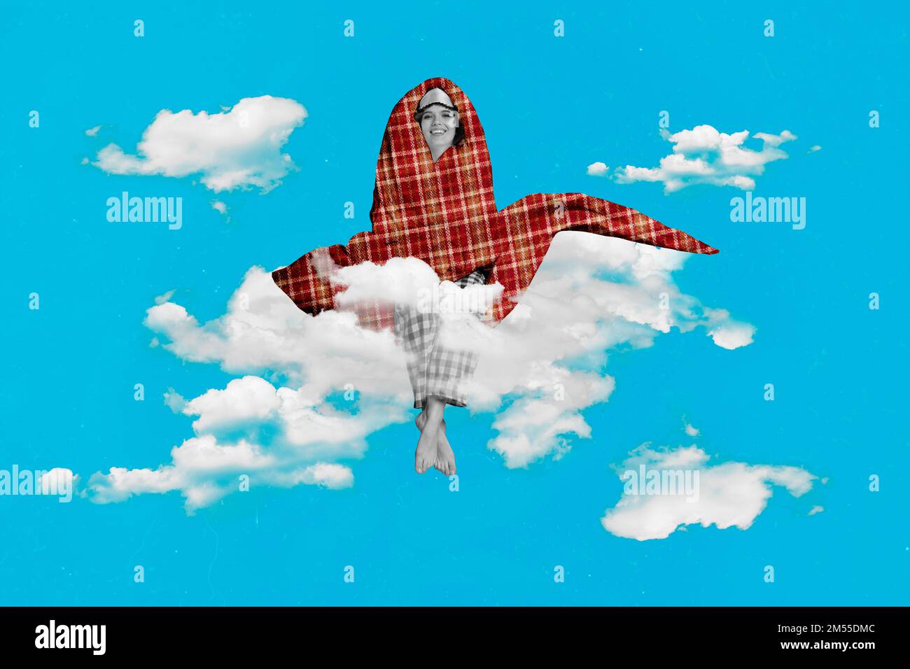 Artwork designed collage photo of young satisfied sleepy girl chilling ...